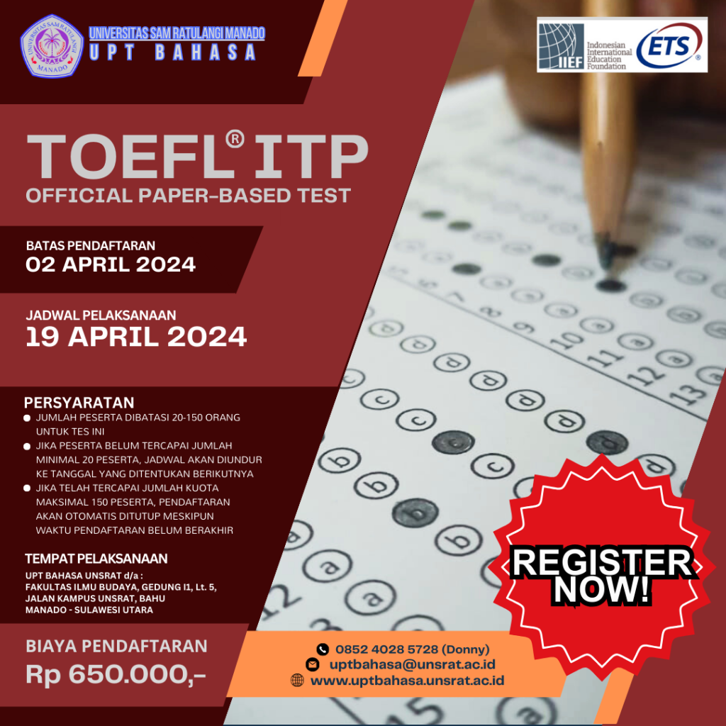 PENDAFTARAN UJIAN TOEFL ITP 19 APRIL 2024 – UPT Bahasa Unsrat